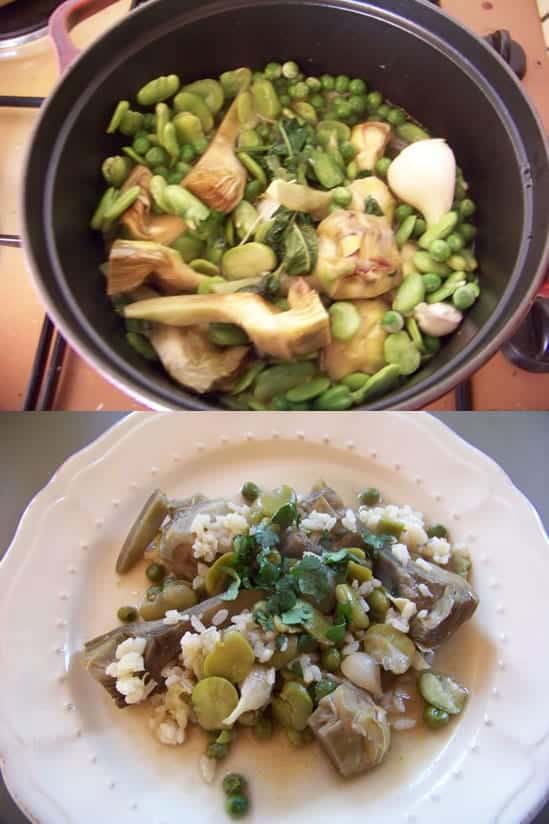 tbikha algérois : artichauts, fèves et petits pois de printemps